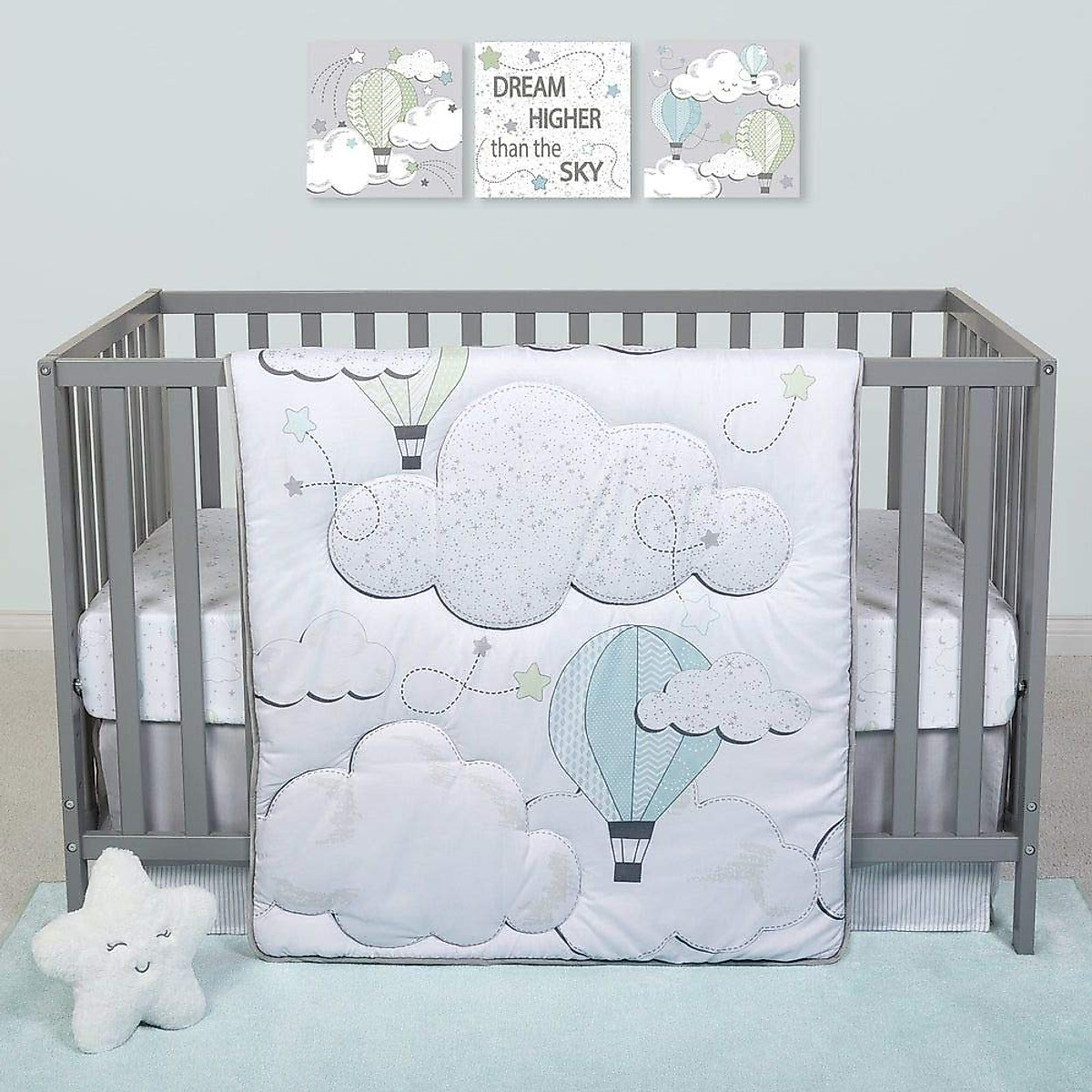 TRP 4 Piece Multi Color Whimsical Starry Cloudy Sky Crib Bedding Set, Beautiful All Over Clouds Stars Hot Air Balloons Grey Green Blue Hues Soft White Plush Fabric Cozy Comfy Nursery Decor