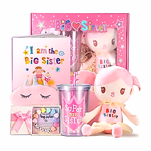 SHUNNIUB Big Sister Gifts for Girls, New Big Sister Gifts for Little Girls Age 3-12 Toddler Girls from Mom Dad Aunt Uncle Includes Tumbler Big Sister Book Little Girl Doll Big Sis Eye-Shade