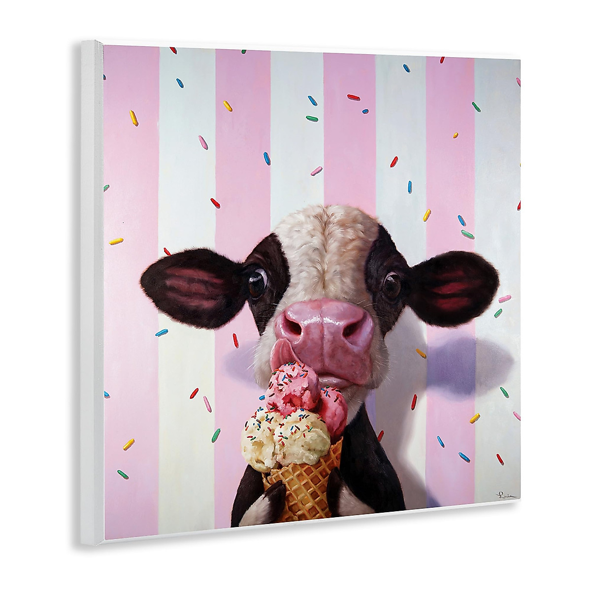 Stupell Industries Cute Baby Cow with Ice Cream Cone Pink Stripes, Designed by Lucia Heffernan Wall Plaque, 12 x 12, Brown