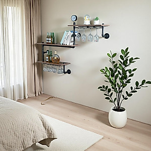 MAIKAILUN Wine Rack Wall Mounted Corner 3 Tier, Hanging Floating Small Mini Bar Liquor Shelves with Glass Holder Storage Under, Industrial Rustic Pipe Farmhouse Kitchen Decor Black