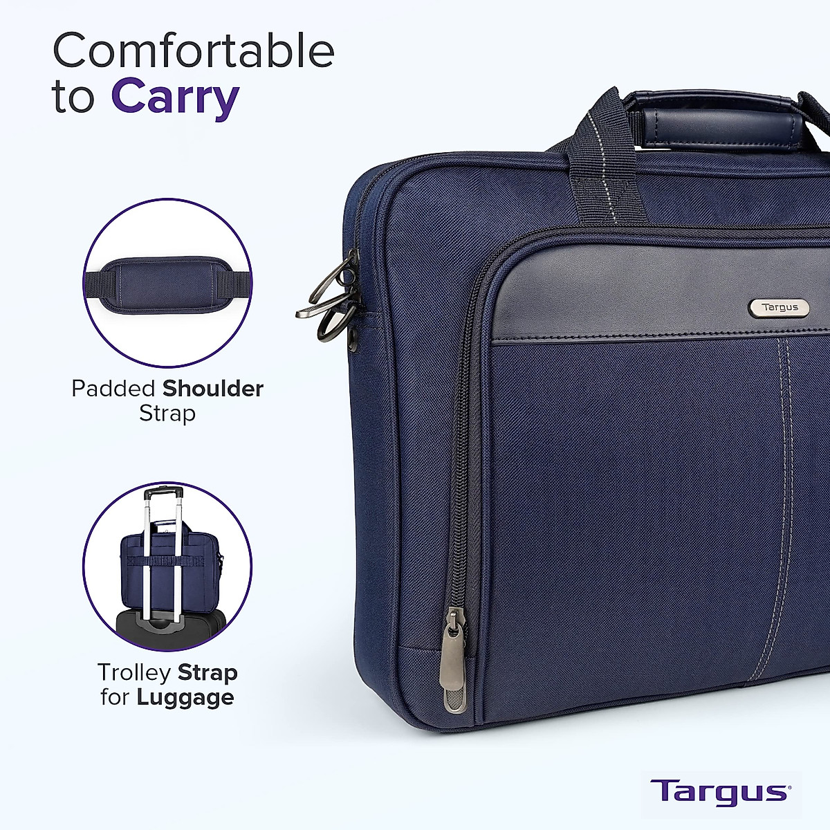 Targus 15-16 Inch Classic Slim Laptop Bag, Blue - Ergonomic Briefcase and Messenger Bag - Spacious Foam Padded Laptop Bag for 16" Laptops and Under (TCT027US)