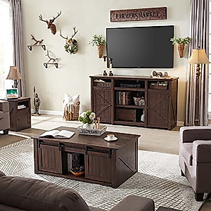 SinCiDo Farmhouse TV Stand for TVs Up to 80 inches, 39" Tall Highboy Entertainment Center w/Barn Door, Large Wood Rustic TV Console Cabinet w/Adjustable Shelves for Living Room, 70inch, Brown