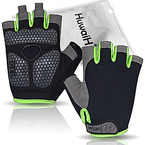 HuwaiH Cycling Gloves for Men/Women Anti-Slip Shock-Absorbing Biking Gloves Half Finger Gel Pad Bicycle Gloves Breathable Bike Gloves (Black/Green, Medium)