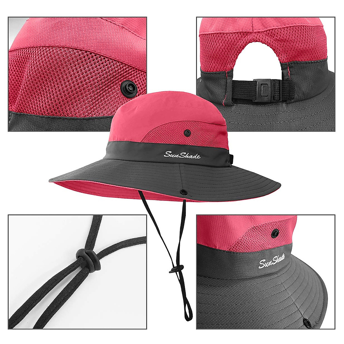 3 Pieces Womens Ponytail Wide Brim Sun Hat Packable UV Protection Beach Cap for Fishing & Hiking (Purple＆Watermelon Red＆Sky Blue)