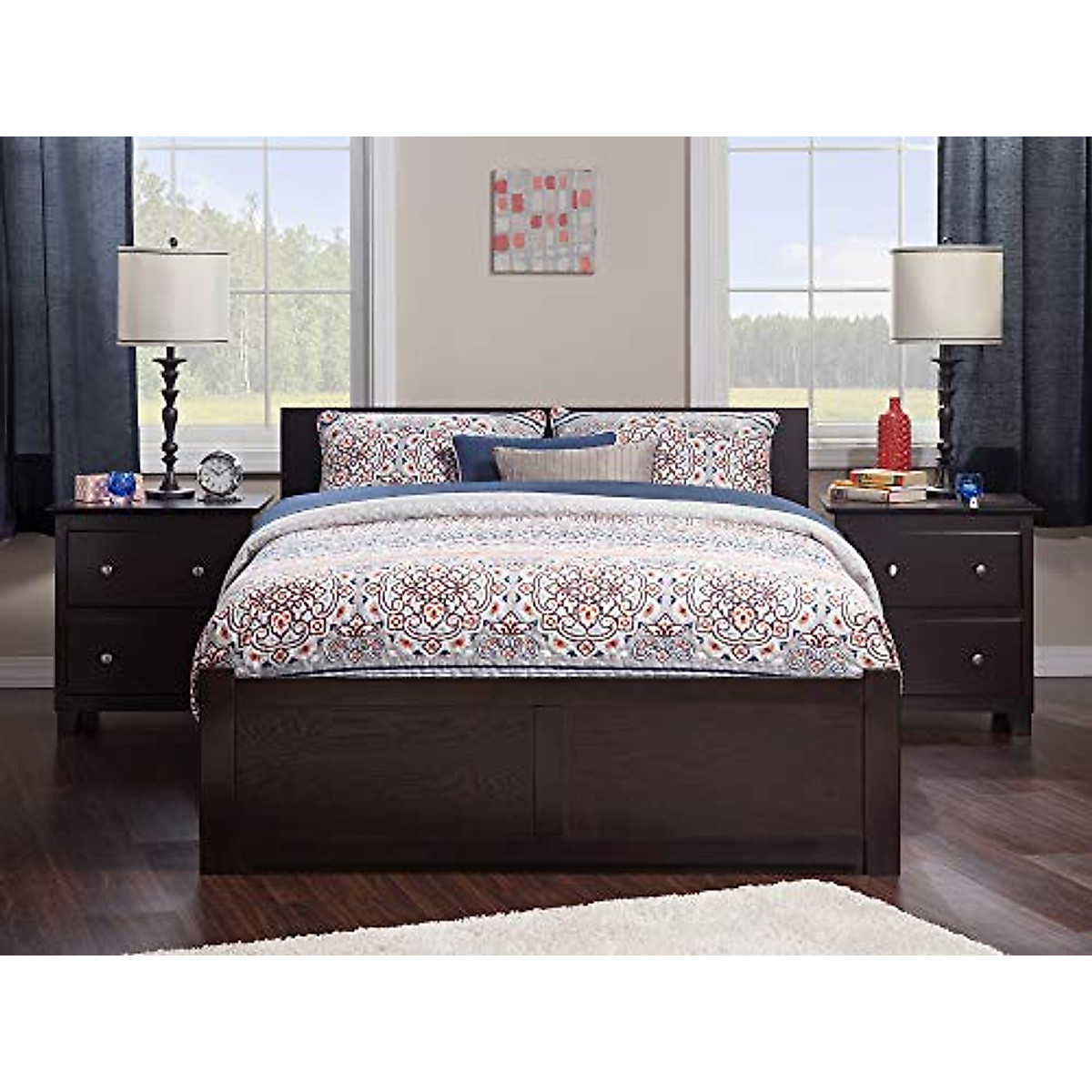 AFI Orlando Queen Platform Bed with Footboard and Turbo Charger with Twin Extra Long Trundle in Espresso