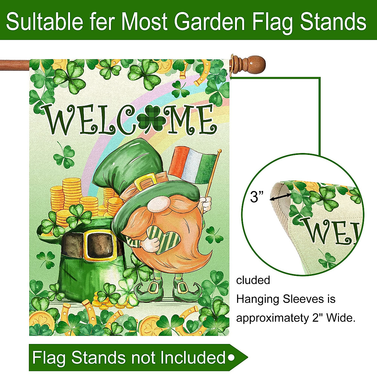 St Patricks Day Flag, St. Patrick's Day Flags 28 x 40 Double Sided, Saint Patricks Day Burlap House Flag with Leprechaun Gnomes Shamrock Clover Green Hat Welcome Signs for Outdoor Lawn Garden Decor