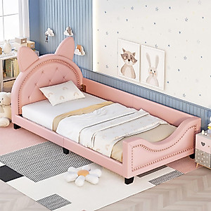 Cute Twin Size Upholstered Daybed, PU Leather Platform Bed with Carton Ears Shaped Headboard, Wooden Slat Supports Bed Frame for Kids, Girls, Boys, Child's Room, No Box Spring Needed (Pink)