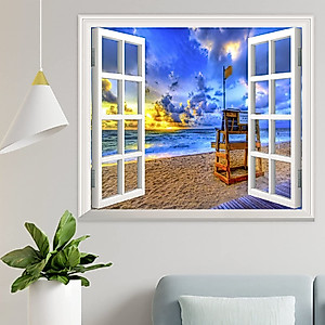 3D Wall Decals Window Looking Out Wave Beach Ray Blue Sea Wall Stickers Murals Wallpaper Art Decor for Living Room,Home Walls,Kids Room