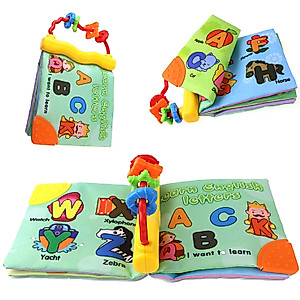 Little Bado Baby 6 Month + Toys Earlyears Tactile and Educational Cloth Soft Book Teether Rings Infant Learning Toy English Letters A B C Squeak Rattle Crinkle Toddler Activity Gift