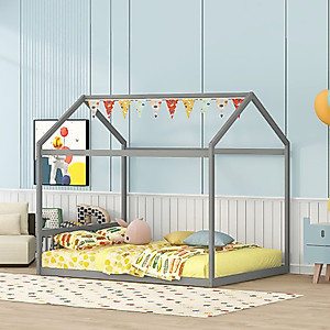 Harper & Bright Designs Queen Size House Bed Frame,Wooden Montessori Bed Queen Bed Frame with Headboard, Kids Floor Bed for Girls Boys Bedroom Furniture, No Box Spring Needed,Grey
