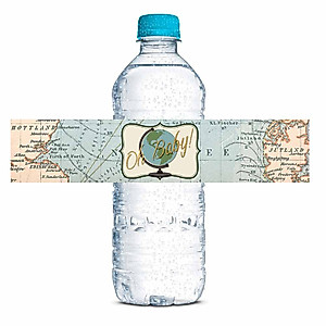 Adventure Awaits Gender Neutral Baby Shower Waterproof Water Bottle Sticker Wrappers 20 Wrap Around Labels Sized 1.75" x 8.5" by AmandaCreation