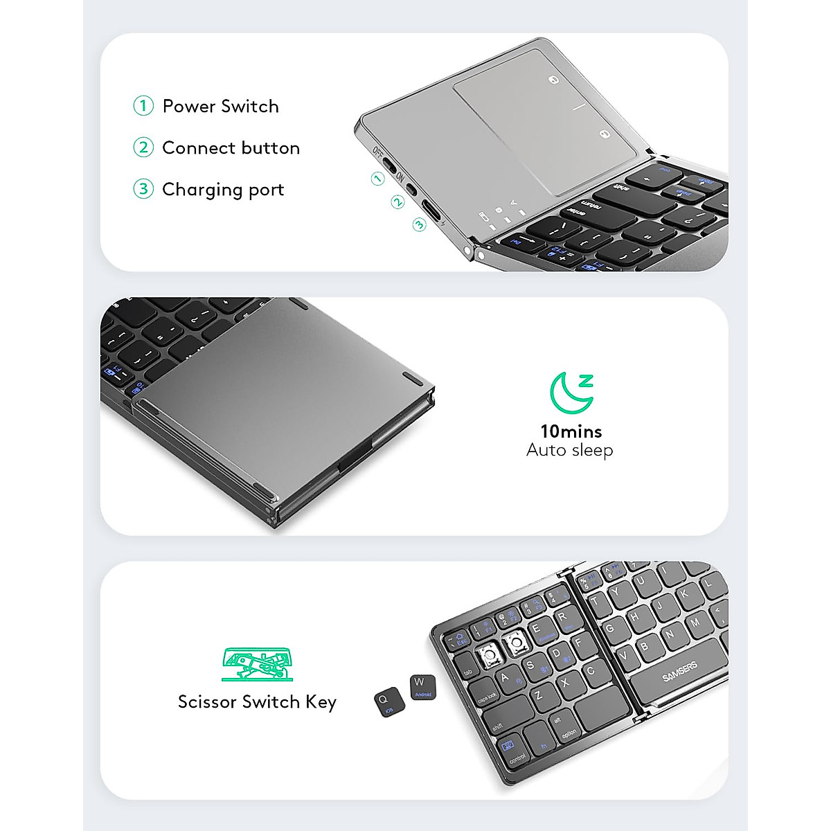 Samsers Multi-Device Foldable Bluetooth Keyboard with Touchpad Rechargeable Dual-Mode(2.4G+BTx2) Wireless Keyboard with Holder, Portable Ultra Slim Folding Keyboard for Android Windows iOS Mac OS