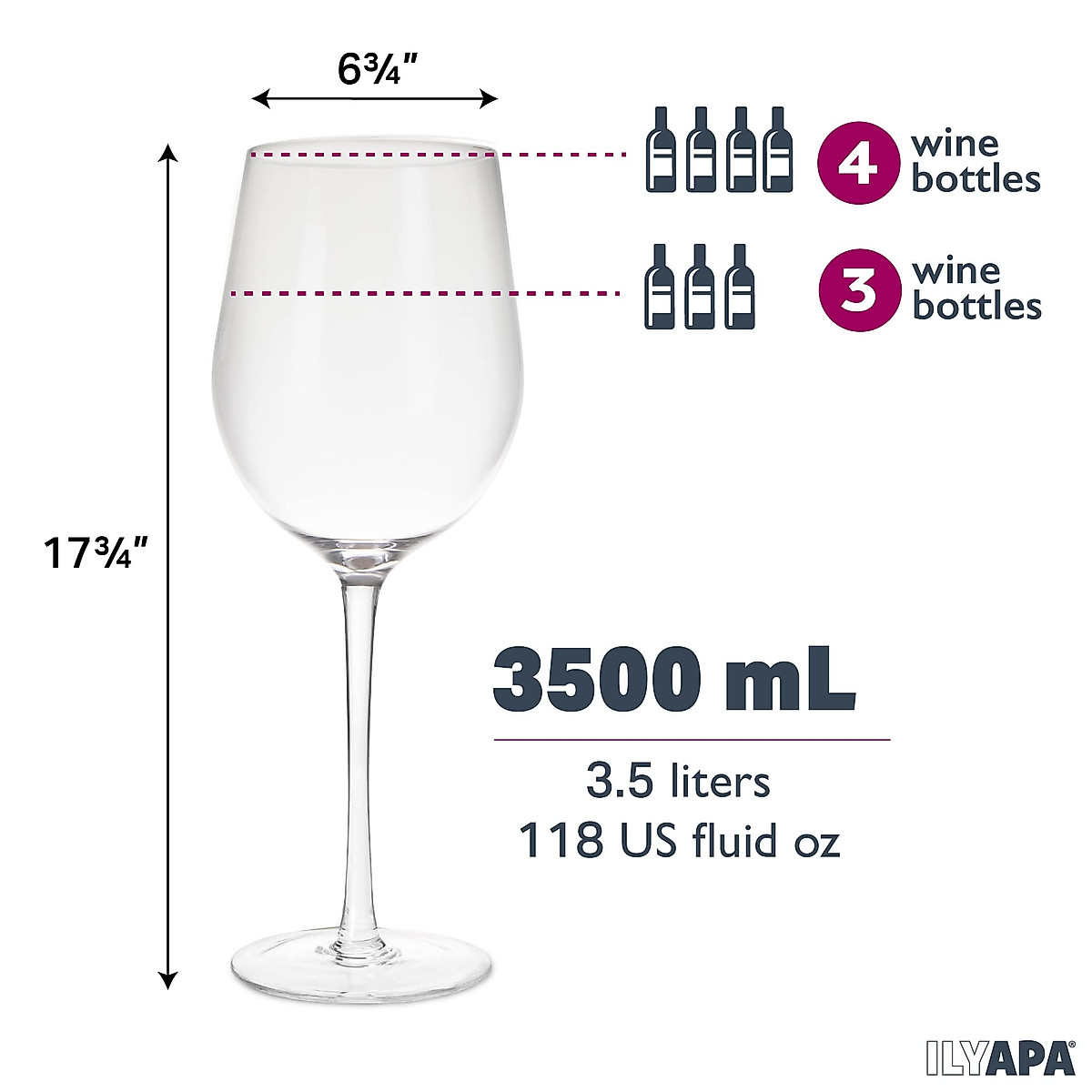Ilyapa Extra Large 3500ml Wine Glass - Kitchen Bar Display Holder Giant Drink Glass White Elephant Gag Gift