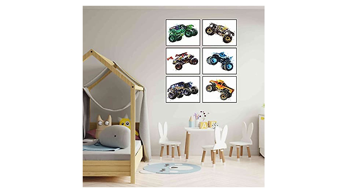 Monster Truck Posters for Boys Room - Set of 6 Wall Art Prints