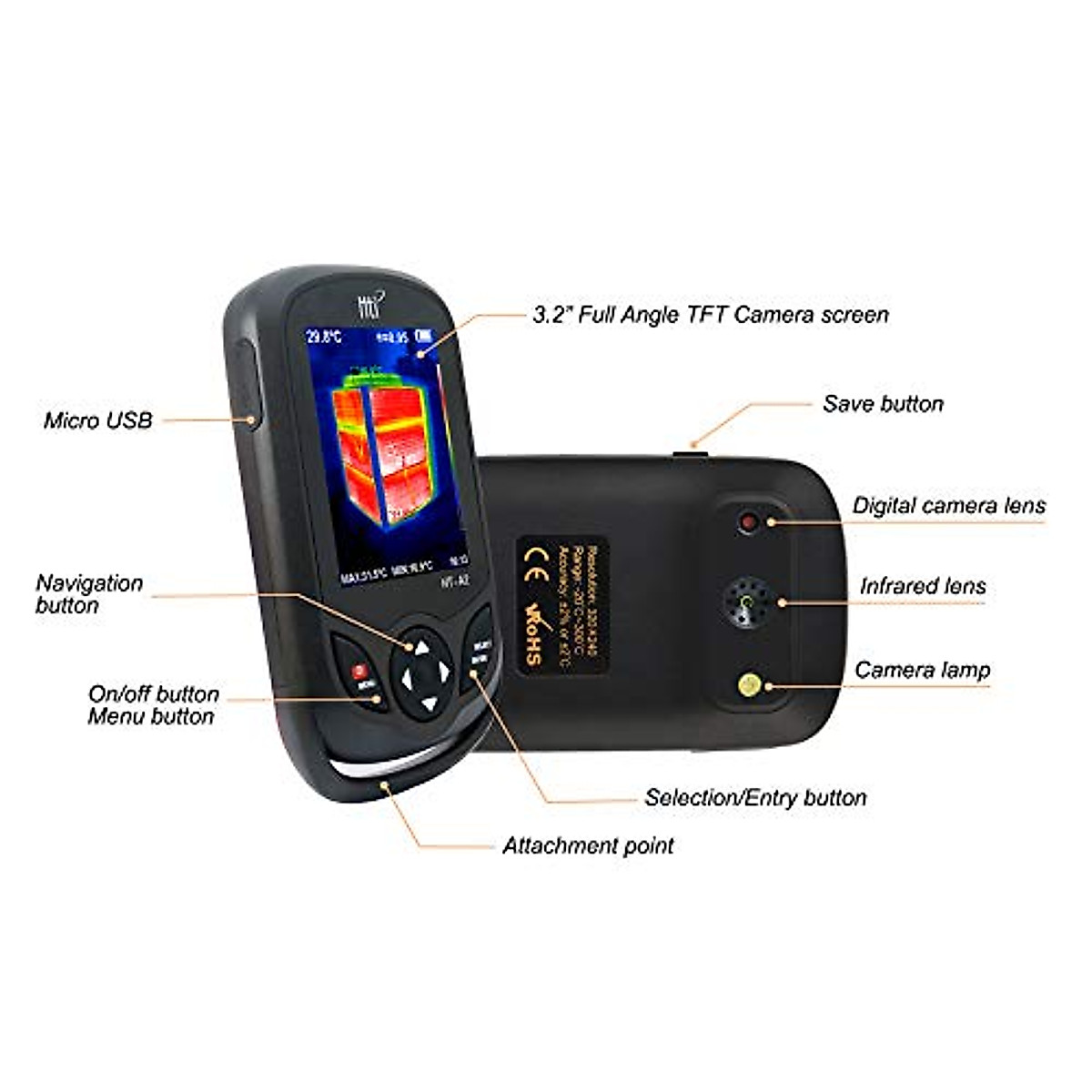 320 x 240 IR Resolution Thermal Camera, Pocket-Sized Infrared Camera with 76800 Pixels Real-Time Thermal Image, Temperature Measurement Range -4°F to 572°F, Mini IR Thermal Imager, Hti-Xintai