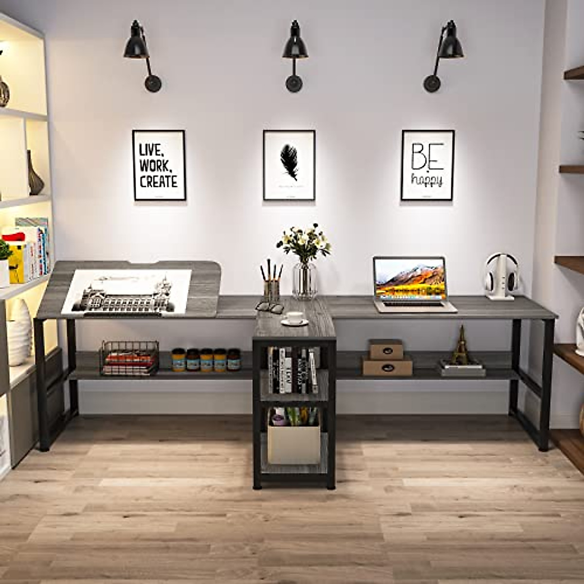 Tribesigns 94.5 inch Two Person Desk with Storage Shelves and Tiltable Tabletop, Double Computer Desk with Printer Shelf, Extra Long Double Workstation Desk Study Table for Home Office (Grey)