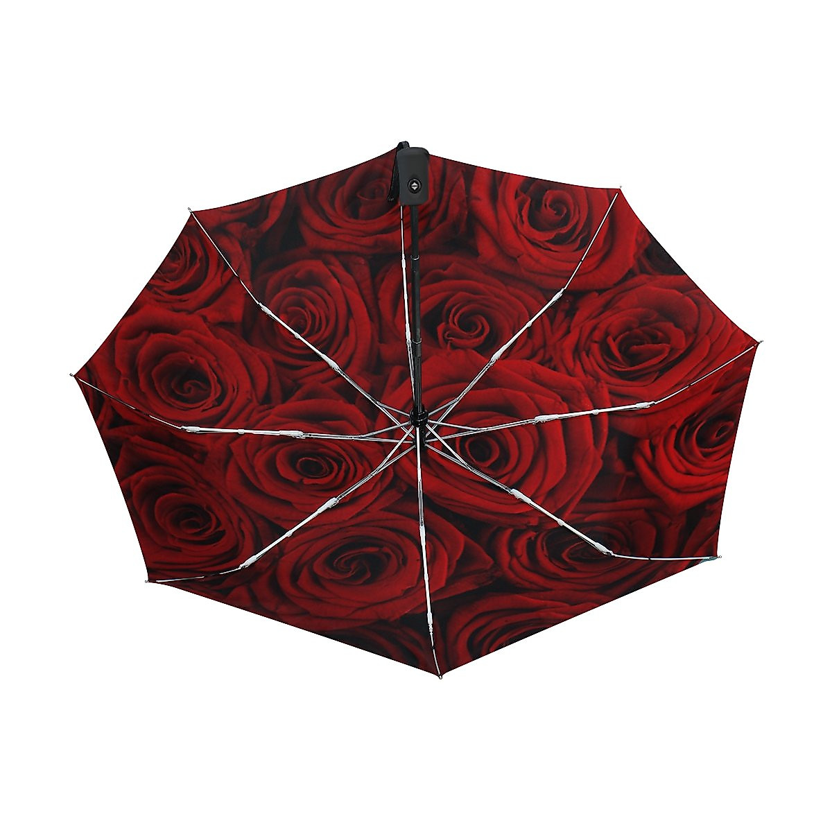 DOENR Red Rose Compact Travel Umbrella Sun and Rain Windproof Auto Open Close Folding Umbrella