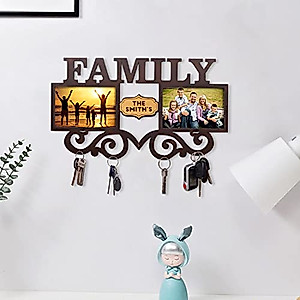 Personalized Key Holder with Photo Frame for Wall Decorative Custom Picture Wooden Key Hangers for Rustic Home Decor, Key Organizer Mount with 4 Hooks Decorative Family Sign (Family)