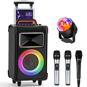 JYX Karaoke Machine with 3 Mics and Disco Light, Livestream Speaker PA System Sbuwoofer with 8 Sound Effects,Lyrics Display Holder,LED Lights,Treble/Bass Adjustment, Support TWS/REC/FM/USB/SD/AUX-in