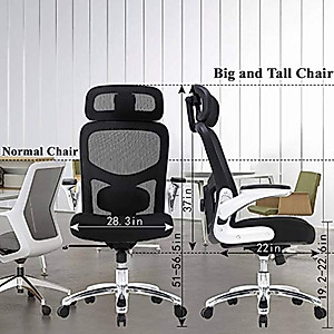 Big and Tall Office Chair 500lbs Wide Seat Executive Desk Chair with Lumbar Support Flip UP Arms Headrest High Back Computer Chair Ergonomic Mesh Chair for Heavy People, Black