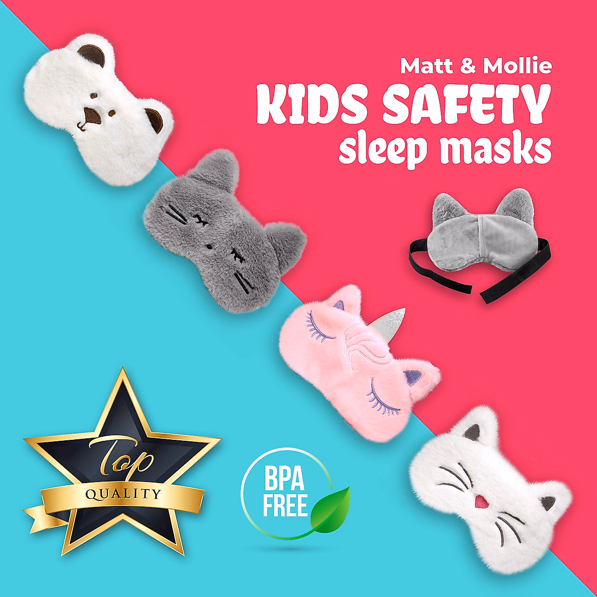 Matt and Mollie Kids Safety Sleep Mask - Children's Eye Cover for Sleeping at Home & During Travel - Cute Animal Designs, Wide Adjustable Pull-Apart Strap (Gray Cat)