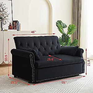 3-in-1 Convertible Futon Loveseat with Pull Out Sleeper Couch Bed and Nailhead Decor, Button Tufted Reclining Backrest Love Seat Sofabed W/ 2 Pillows for Home Apartment Office Loft RV Living Room