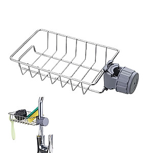 Kitchen Sink Caddy Organizer Over Faucet Sponge Holder, Stainless Steel Heavy Duty Thickening Hanging Faucet Drain Rack for Scrubbers, Soap, Bathroom, Detachable No Suction Cup or Magnet (Faucet Rack)