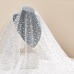 BENECREAT 63x39 Inch Glitter Tulle Fabric with Sequin and Beads, White Ribbon Netting Fabric for Clothing Accessories Sewing Quilting Apparel Crafts Decor