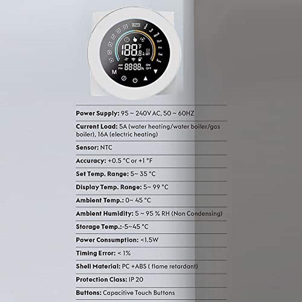 Tuya WiFi Smart Thermostat for Electric Heating Digital Temperature Controller Large L Display Touch Button Voice Control Compatible with Google Assist & Amazon Alexa/Xiaodu/Tencent