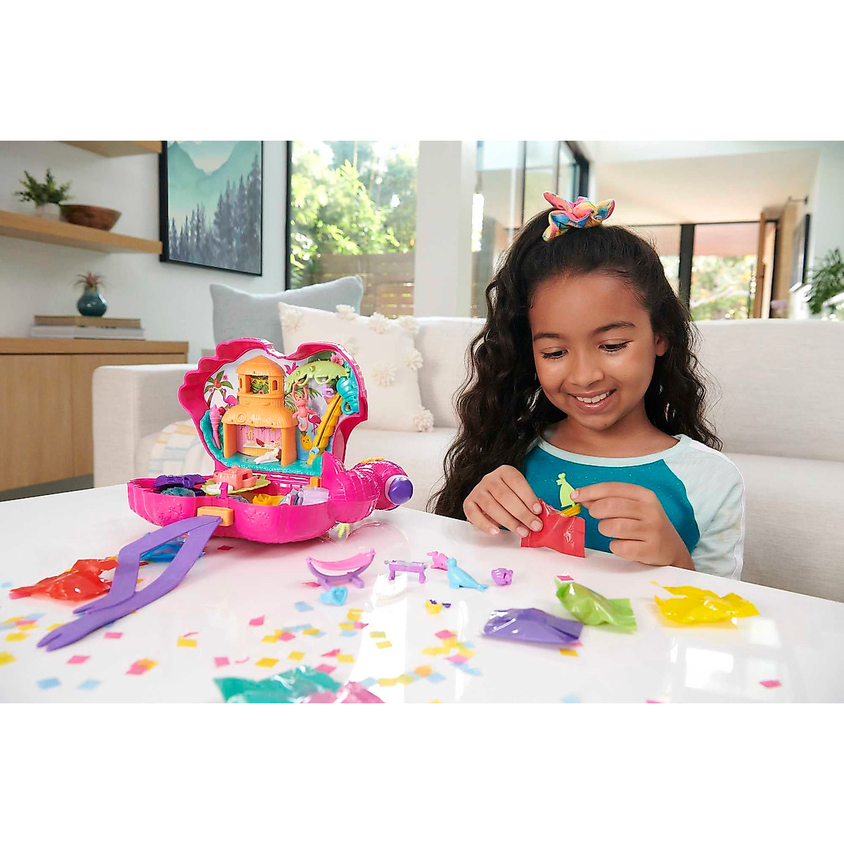 Polly Pocket Flamingo Party Large Compact Playset with 26 Surprises (Including Micro Margo & Friend Dolls), Pop & Swap Feature, Tropical Party Play Areas: Palm Tree Slide & Swing; Banquet; Water Area