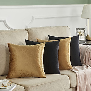 GIGIZAZA Decorative Throw Pillow Covers 18 x 18,Gold Black Soft, Set of 4 Square Velvet Cushion Covers