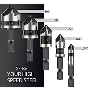 Countersink Bit Set for Metal, M2 Cobalt Countersunk Bits 5 Pieces, 1/4" Hex Shank Countersunk Bit Set for Drilling in Copper, Aluminum, Wood, Plastic