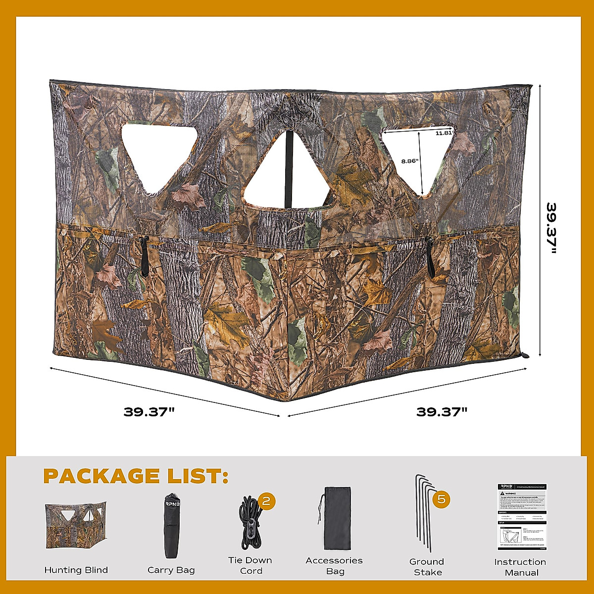 RPNB Hunting Blind, Two-Panel Easy Setup Ground Hunting Blinds, Pop-Up Camouflage Hunting Blinds with Noise-Free Windows, One-Way See-Through Dual Hub Stakeout Hunting Screen