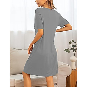 YYA Women's V Neck Nightgowns Short Sleeve Loose Sleepwear with Pocket Comfy Nightshirt Grey