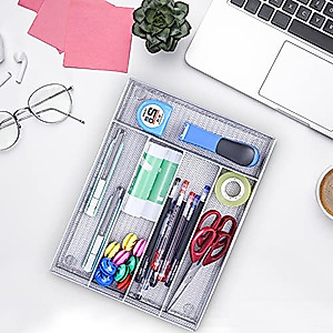 WuGeShop Desk Drawer Organizer Tray 5 Compartments, Metal Mesh Desk Drawer Storage Tray with Non-slip Mats for Office, Bathroom, Kitchen, Silver