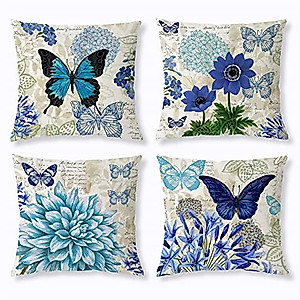 Outdoor Pillow Covers 18x18 Waterproof Set of 4 Butterfly Outdoor Pillows for Patio Furniture Blue Teal Floral Outdoor Pillows Decorative Garden Cushion Couch Throw Pillows Covers Home Decor 