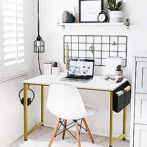 Lufeiya Small Computer Desk White Writing Table for Home Office Small Spaces 31 Inch Modern Student Study Laptop PC Desks with Gold Legs Storage Bag Headphone Hook,White Gold