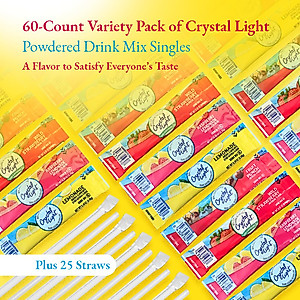 Doomi Crystal Light Lemonade, Fruit Punch, Raspberry Lemonade & Wild Strawberry Sugar-Free Powdered Drink Mix Variety Pack, 60 Count With 25 Straws, Fits 16.9 oz Bottles