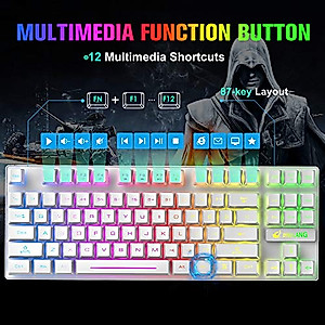 Wireless Gaming Keyboard Mouse and Wrist Rest Set with 87 Key Rainbow Backlight Rechargeable 3800mAh Battery Mechanical Feel Anti-ghosting Ergonomic Waterproof Mute Mice for PC Mac Gamer (White Mix)