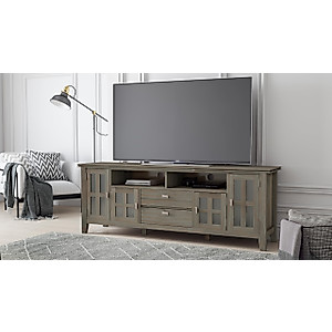 SIMPLIHOME Artisan SOLID WOOD Universal TV Media Stand, 72 inch Wide, Transitional, Living Room Entertainment Center, Storage Cabinet, for Flat Screen TVs up to 80 inches in Distressed Grey