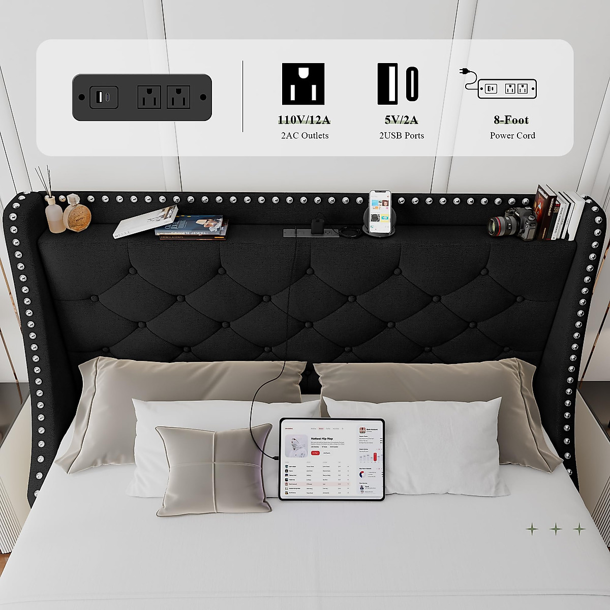 Feonase Queen Platform Bed Frame with Type-C & USB Charging Station, Upholstered Wingback & Storage Headboard, Solid Wood Slats, No Box Spring Needed, Easy Assemble, Black