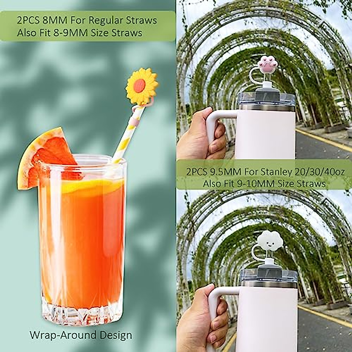 CYUHPYE 2PCS 8MM Straw Caps + 2PCS 9.5MM Straw Covers for Stanley 40 oz 30 oz 20 oz, Silicone Flower Straw Covers Cap Tip Protector Cloud Straw Topper for Stanley Cups