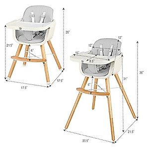 BABY JOY Convertible Baby High Chair, 3 in 1 Wooden Highchair/Booster/Chair with Removable Tray, Adjustable Legs, 5-Point Harness, PU Cushion and Footrest for Baby, Infants, Toddlers (Gray)