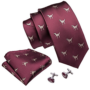 Burgundy Tie Set Silk Tie Pocket Square Cufflinks Dinosaur Pattern