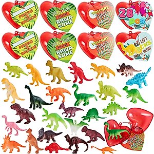 JOYIN 28 Pack Valentine Day Gift for Kids, Dinosaur Toys Figures Filled Hearts with Valentine Cards for Kids Classroom Exchange Party Favors, Valentine Gift Exchange, Game Prizes Carnivals Gift