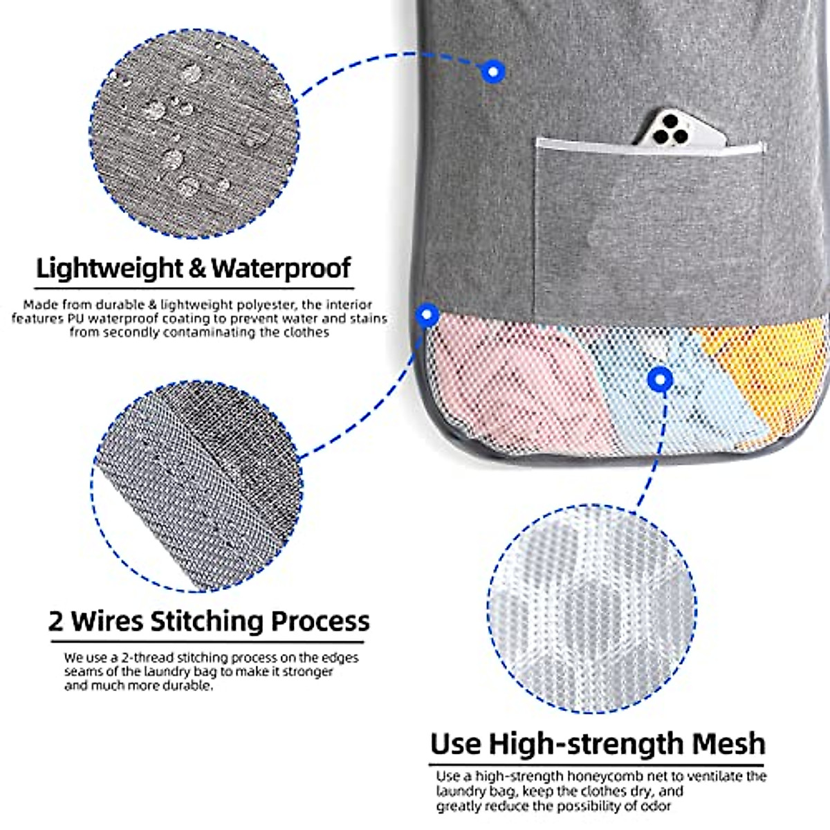 KOOZTI Hanging Laundry Hamper Bag, Over the Door Laundry Bag with U-Shaped Bottom Zipper Opening, Breathable Honeycomb Mesh window, Space Saving Laundry Bag with 2 Types of Hooks