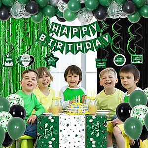 Green and Black Party Decorations, Green Birthday Decorations for Men Women Boys Girls with Green Happy Birthday Banner Tablecloth Fringe Curtains Streamers Confetti Balloons, Green Party Supplies