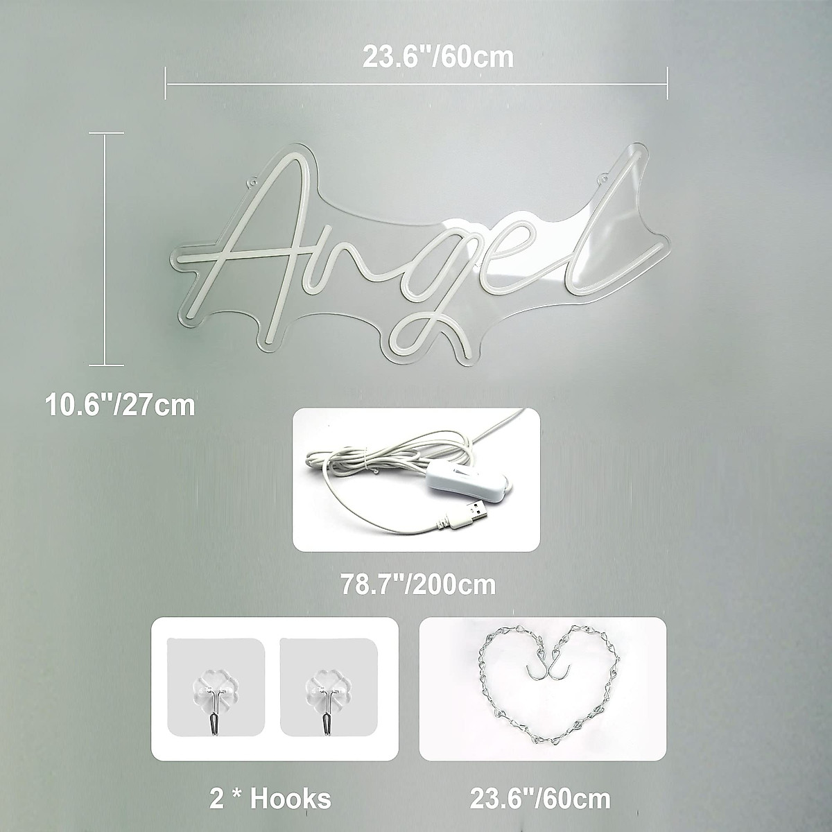 Angel Neon Sign Warm White, Large 23.6x10.6 inches Letter Angel Neon Light USB Powered Light Up Sign for Home, Bedroom Wall Deco, Birthday Wedding Engagement Party Decor, Graduation, Baby Shower Gifts