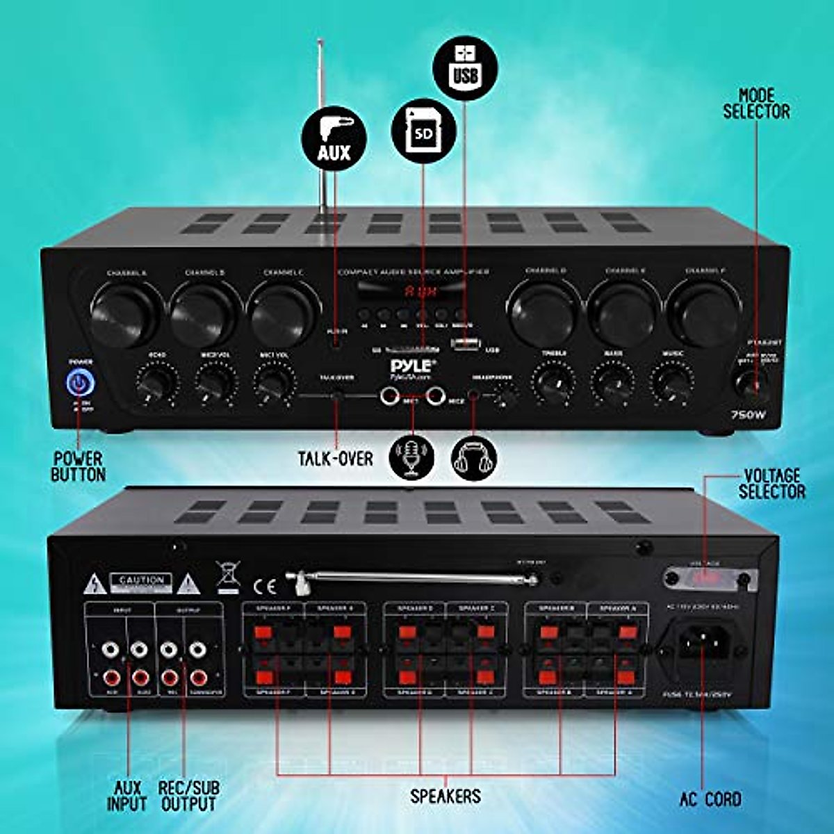 Pyle Bluetooth Home Audio Amplifier System-Upgraded 6 Channel 750 Watt Wireless Home Audio Sound Power Stereo Receiver w/USB, Micro SD, Headphone,2 Microphone Input w/Echo, Talkover for PA - PTA62BT.5