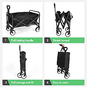 Folding Wagon, Collapsible Wagon Garden Cart Heavy Duty with Side Pocket and Terrain Wheels, Large Capacity Foldable Grocery Beach Wagon for Garden Sports Camping Shopping(1 Year Warranty)